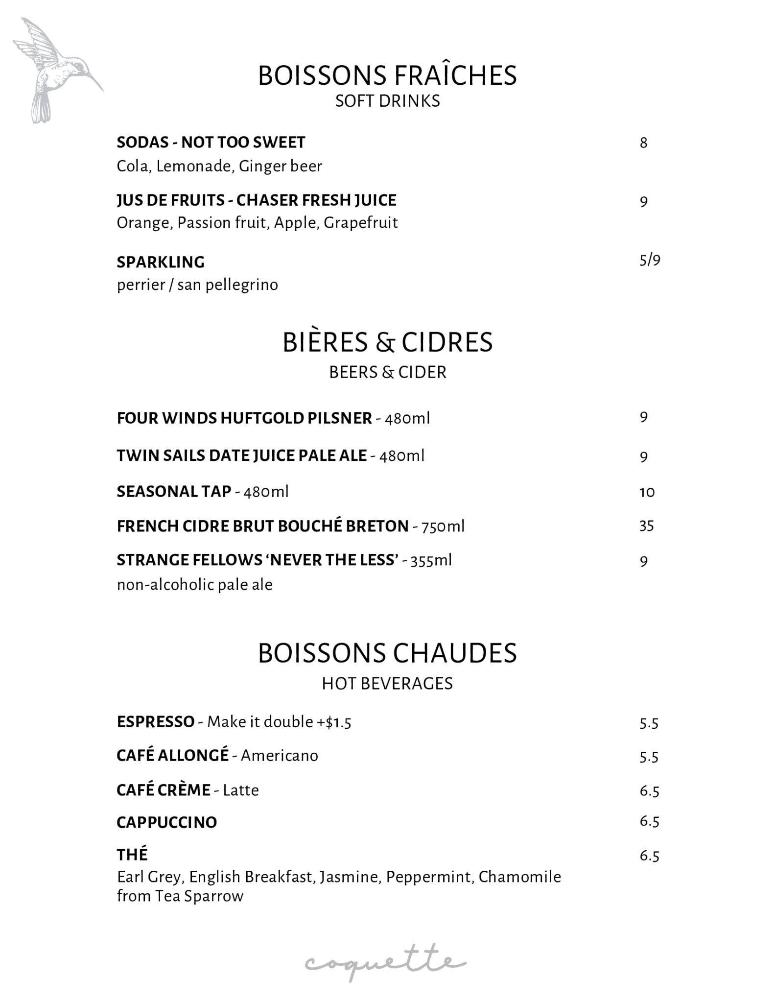 Menus – Coquette