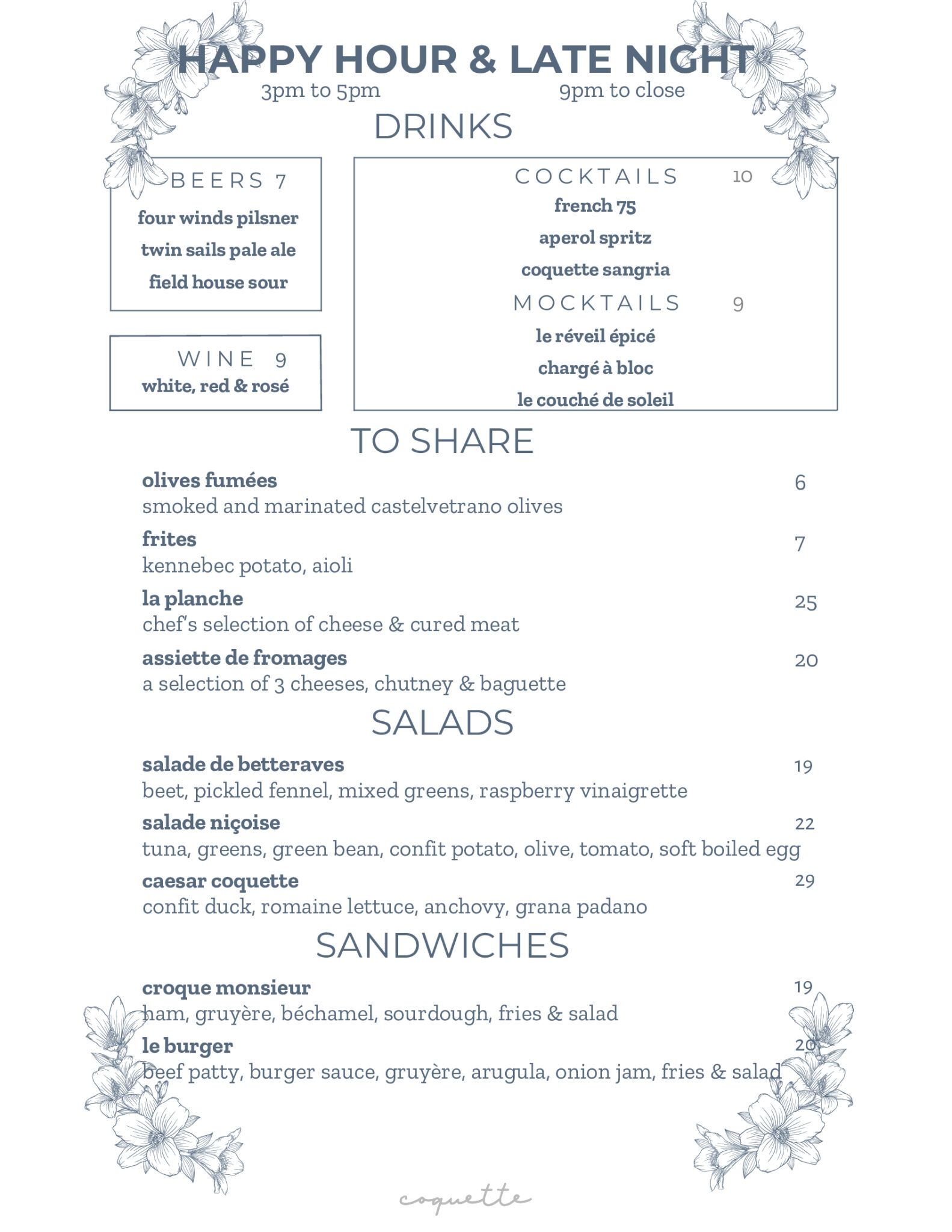 Menus – Coquette